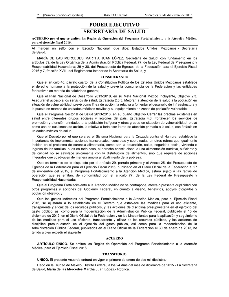 Acuerdo por el que se emiten las Reglas de Operación del Programa Fortalecimiento a la Atención ...