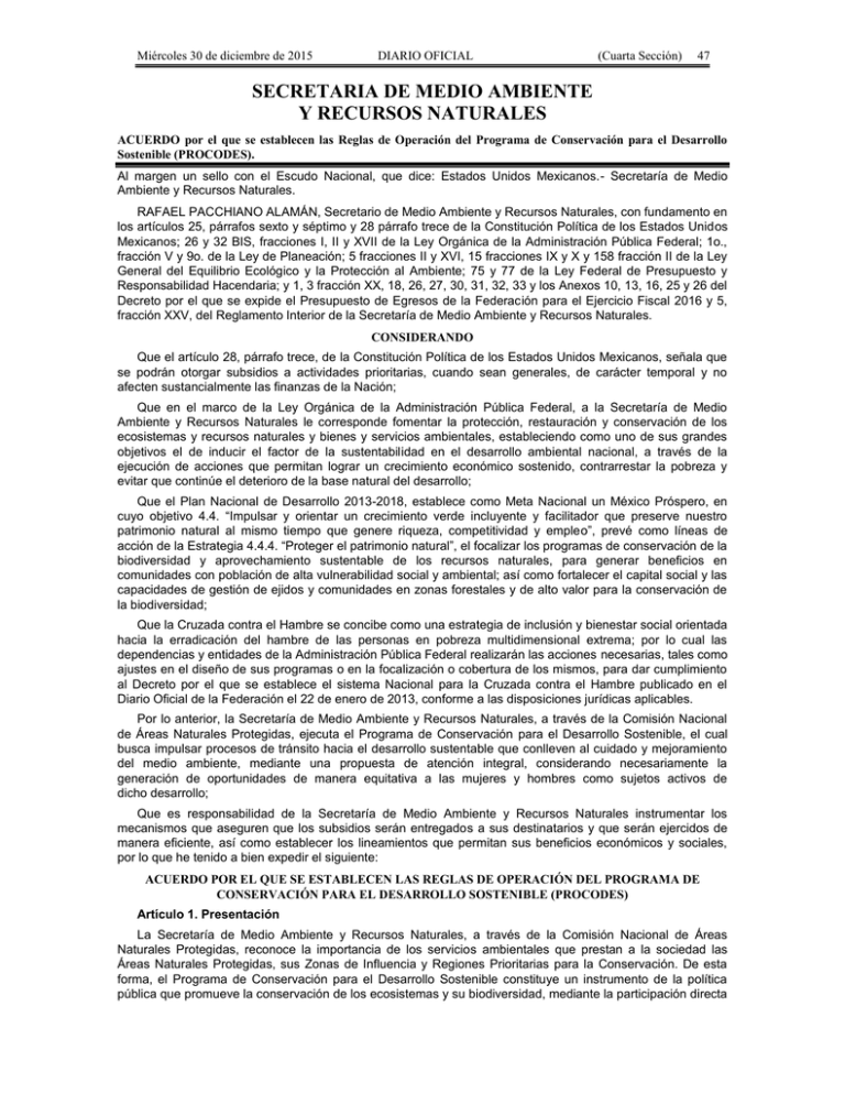 Acuerdo por el que se establecen las Reglas de Operación del Programa de Conservación para el ...
