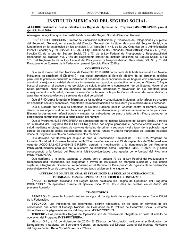 Acuerdo mediante el cual se establecen las Reglas de Operación del Programa IMSS-PROSPERA para ...