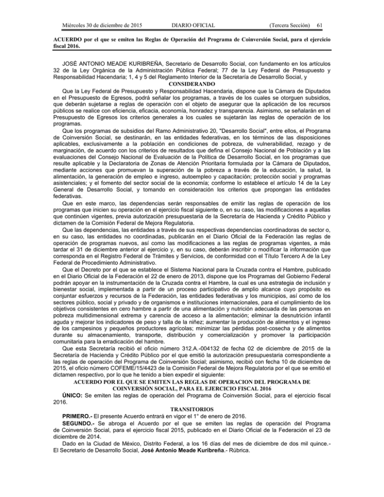 Acuerdo por el que se emiten las Reglas de Operación del Programa de Coinversión Social, para el ...