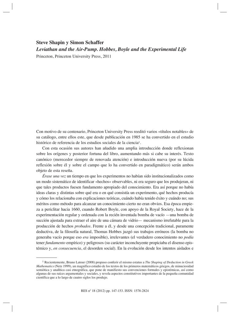 STEVE SHAPIN y SIMON SCHAFFER, Leviathan and the Air-Pump. Hobbes ...