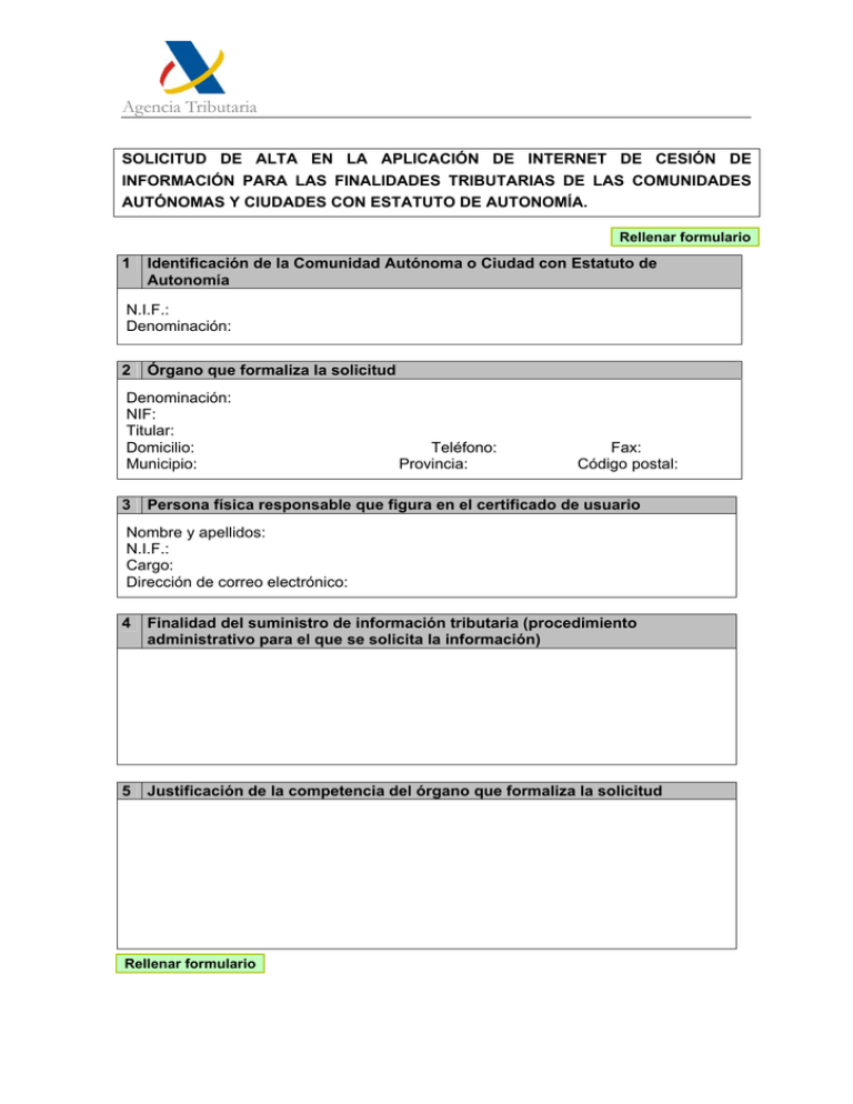 Formulario de alta en la aplicación de Internet (FORMCCAA)