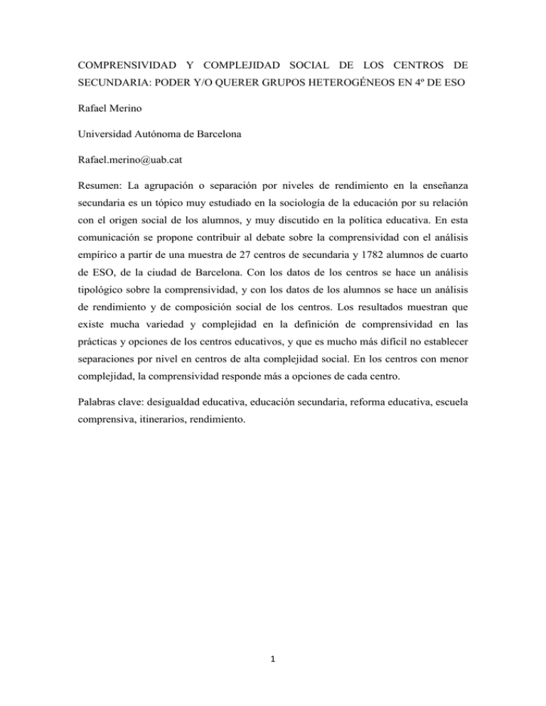 COMPRENSIVIDAD Y COMPLEJIDAD SOCIAL DE ... SECUNDARIA: PODER Y/O QUERER ...