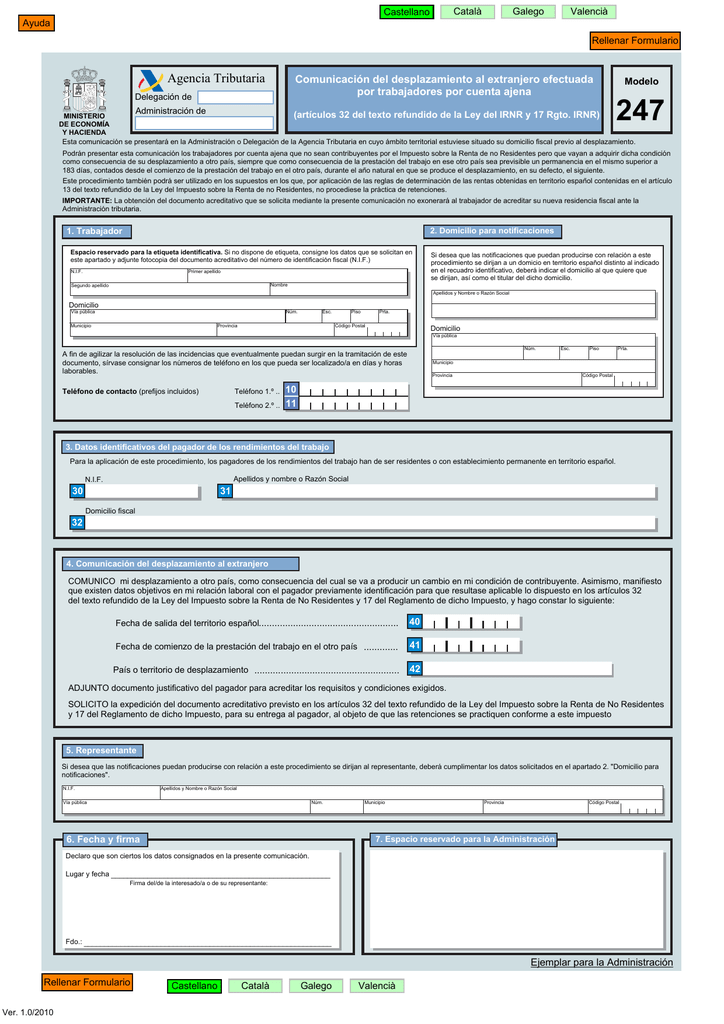 247 Agencia Tributaria Comunicación del desplazamiento al extranjero efectuada