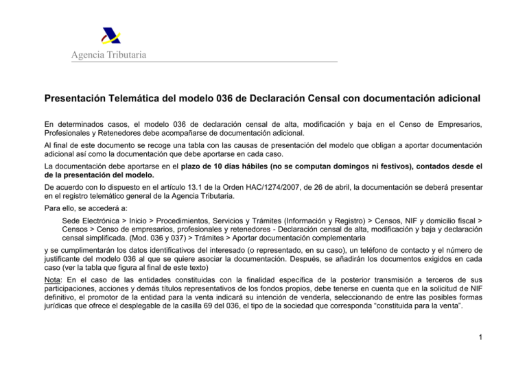 Presentación del modelo 036 con documentación adicional