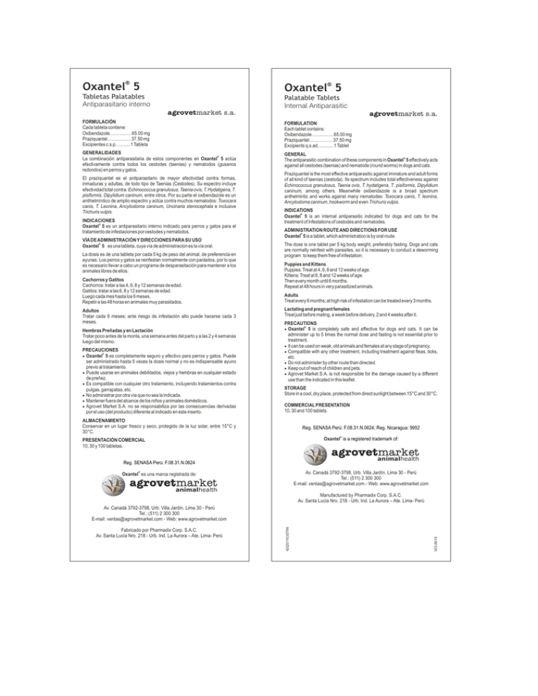 Oxantel 5 Tabletas Palatables Palatable Tablets Antiparasitario interno