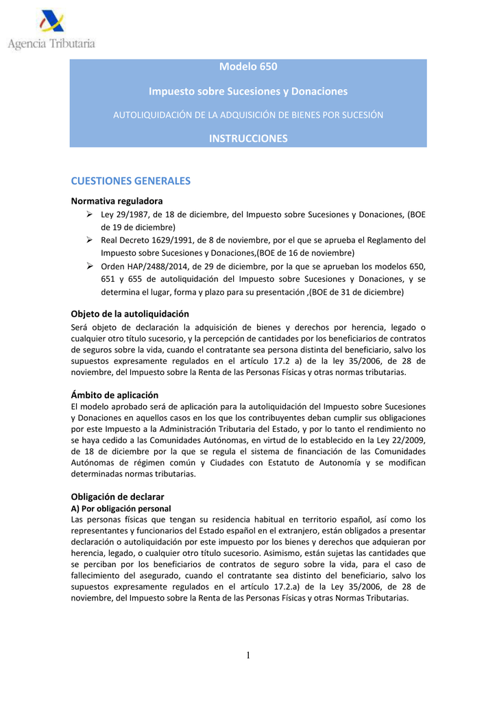 Modelo 650 Impuesto sobre Sucesiones y Donaciones INSTRUCCIONES ...