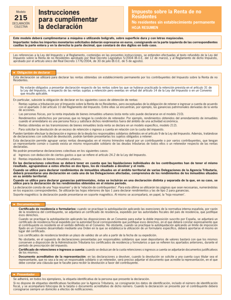 Instrucciones para cumplimentar la declaración 215