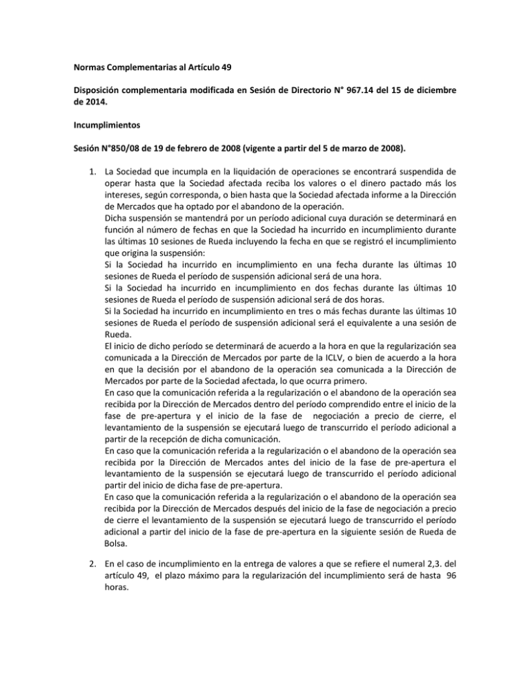 Disposiciones complementarias al Articulo 49