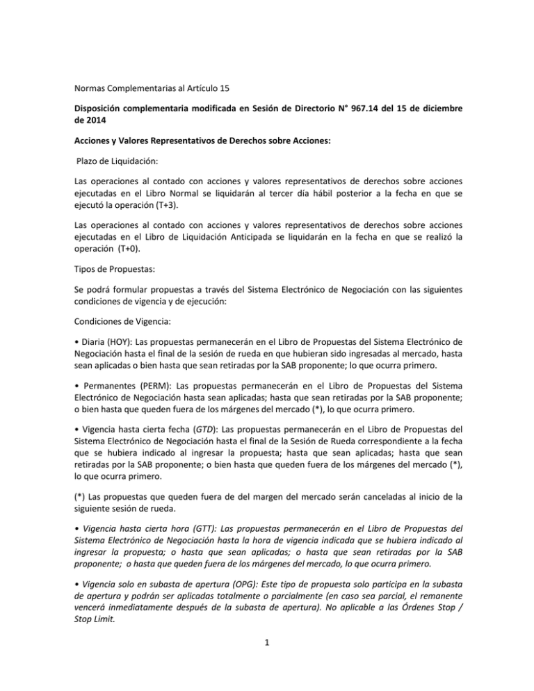 Disposiciones complementarias al Articulo 15