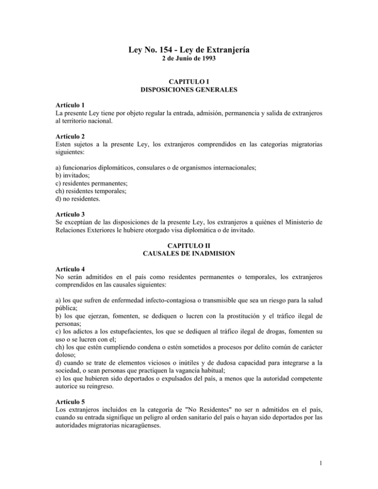 Ley No. 154 - Ley de Extranjería