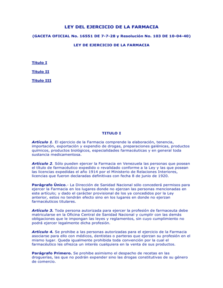 Ley de ejercicio de la farmacia