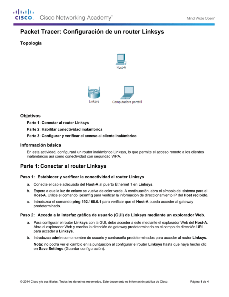 Packet Tracer: Configuración de un router Linksys