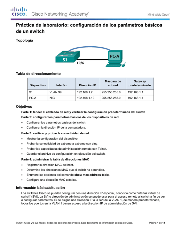 Práctica de laboratorio: configuración de los parámetros básicos de un switch