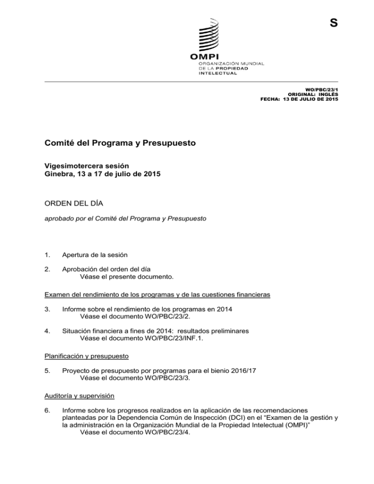 S Comité del Programa y Presupuesto Vigesimotercera sesión