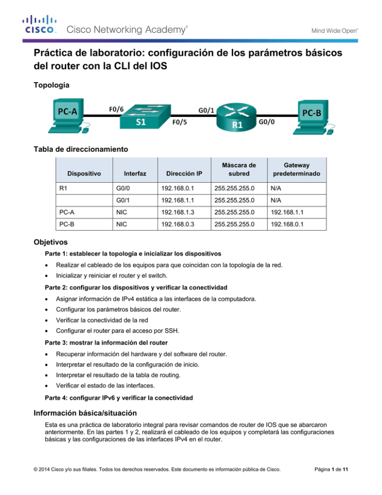 Práctica de laboratorio: configuración de los parámetros básicos del router con la CLI del IOS
