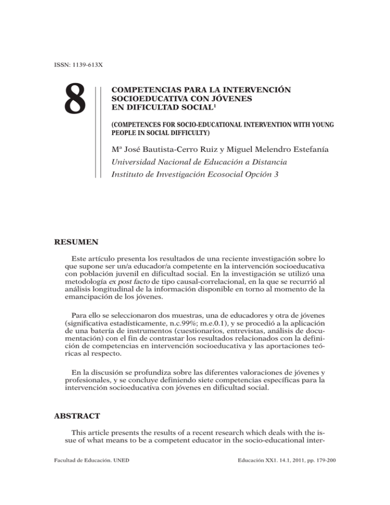 8 COMPETENCIAS PARA LA INTERVENCIÓN SOCIOEDUCATIVA CON JÓVENES EN DIFICULTAD SOCIAL