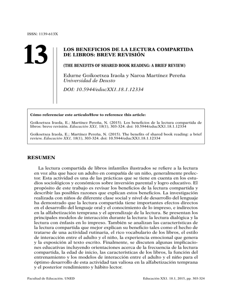 13 LOS BENEFICIOS DE LA LECTURA COMPARTIDA DE LIBROS: BREVE REVISIÓN