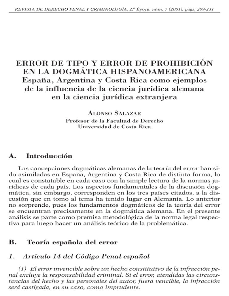 ERROR DE TIPO Y ERROR DE PROHIBICIÓN EN LA DOGMÁTICA HISPANOAMERICANA