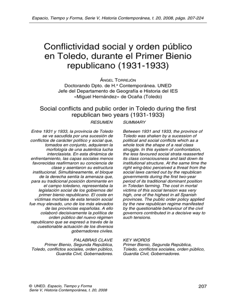 Conflictividad social y orden público en Toledo, durante el Primer Bienio