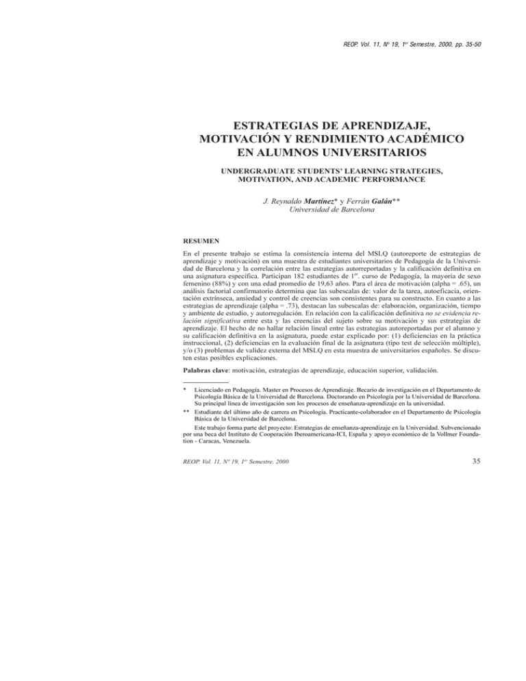 ESTRATEGIAS DE APRENDIZAJE, MOTIVACIÓN Y RENDIMIENTO ACADÉMICO EN ALUMNOS UNIVERSITARIOS
