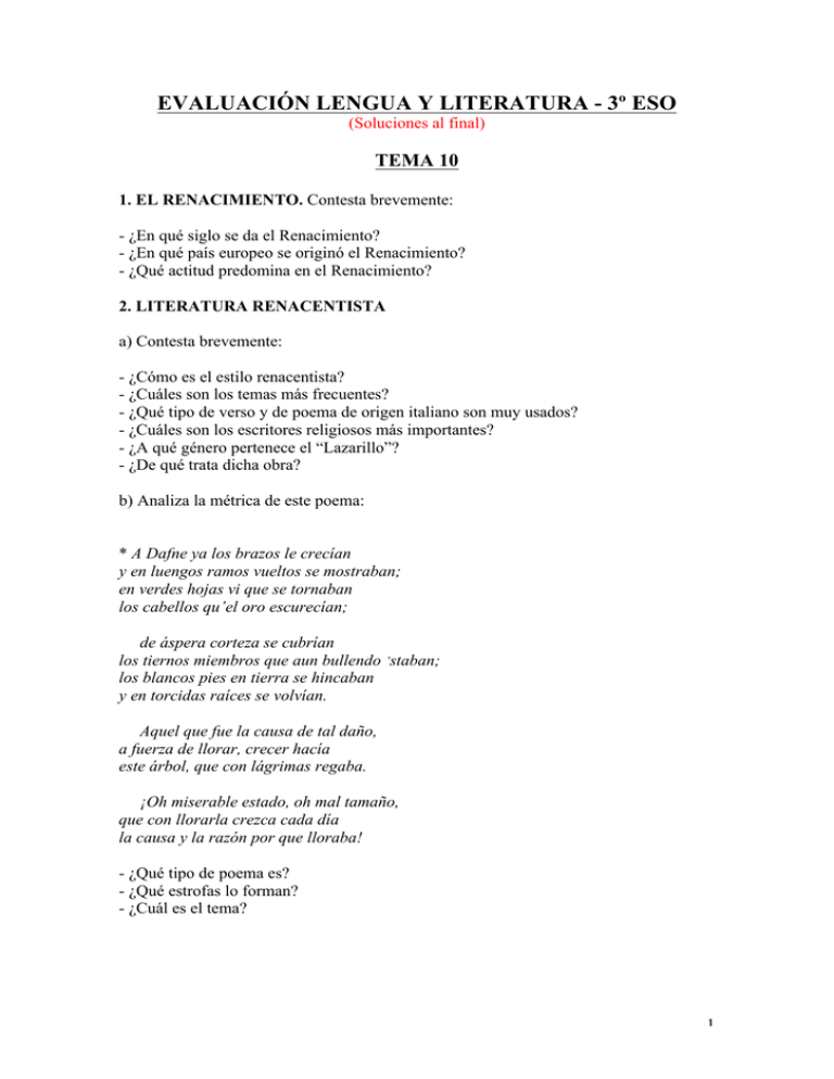 EVALUACIÓN LENGUA Y LITERATURA - 3º ESO TEMA 10