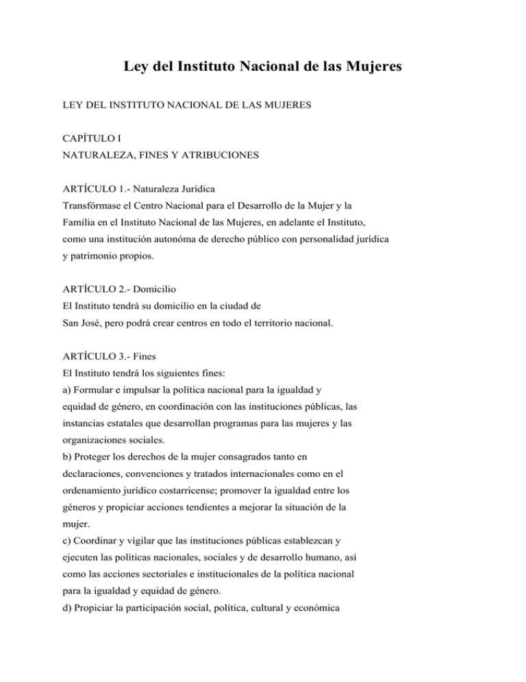 Ley Del Instituto Nacional De Las Mujeres