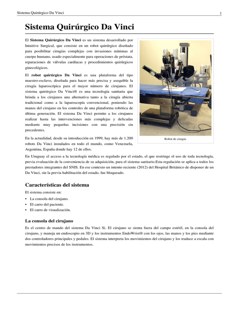 Sistema rob tico DA VINCI. Compilado de Wikipedia por Jorge Karica C.