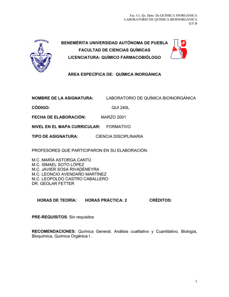 Manual del laboratorio de Química Bioinorgánica