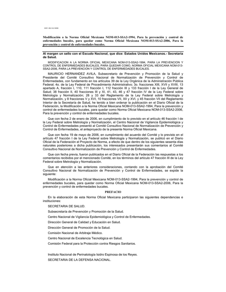 Modificación a la Norma Oficial Mexicana NOM-013-SSA2-1994, Para la ...