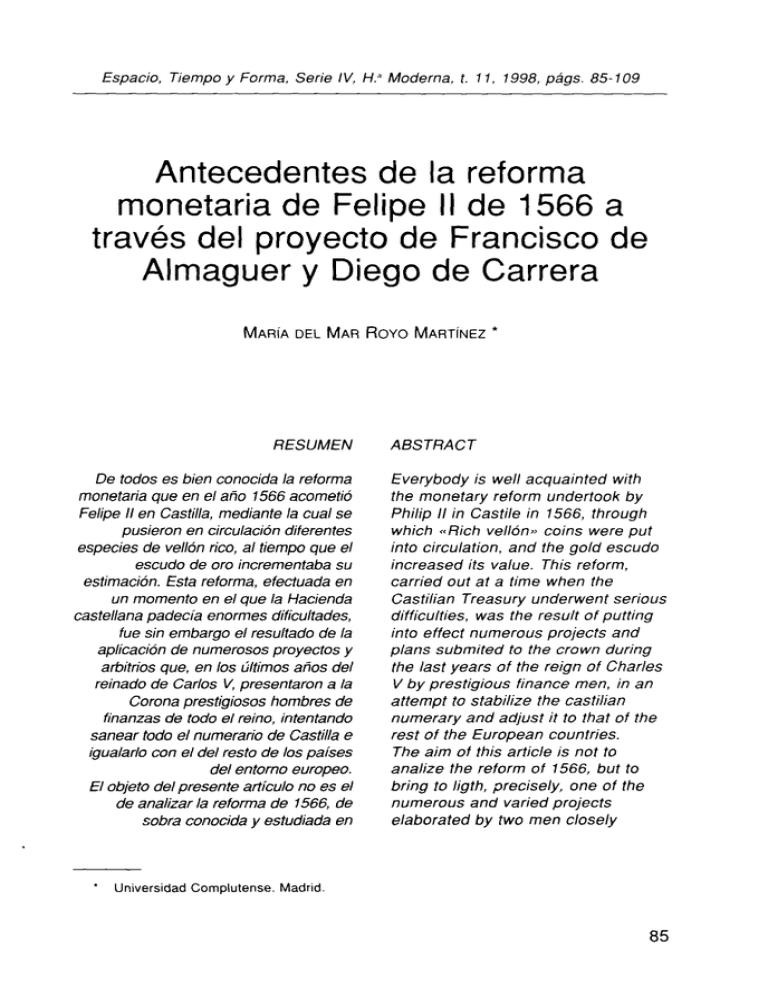 Antecedentes de la reforma monetaria de Felipe II de 1566 a