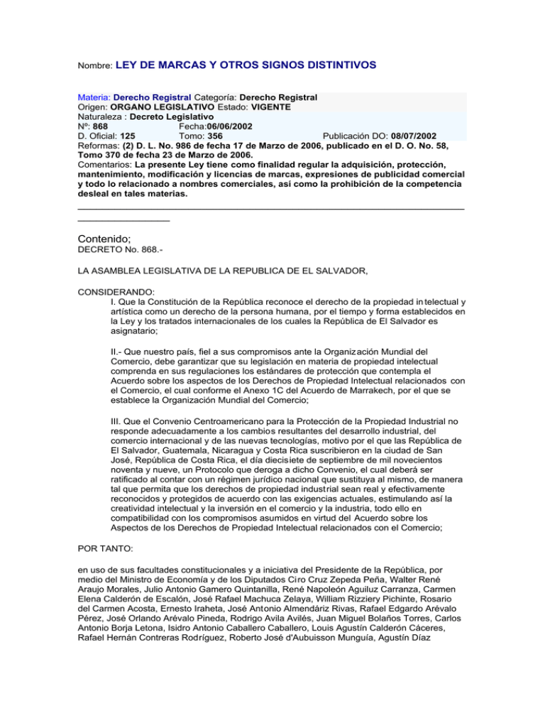LEY DE MARCAS Y OTROS SIGNOS DISTINTIVOS