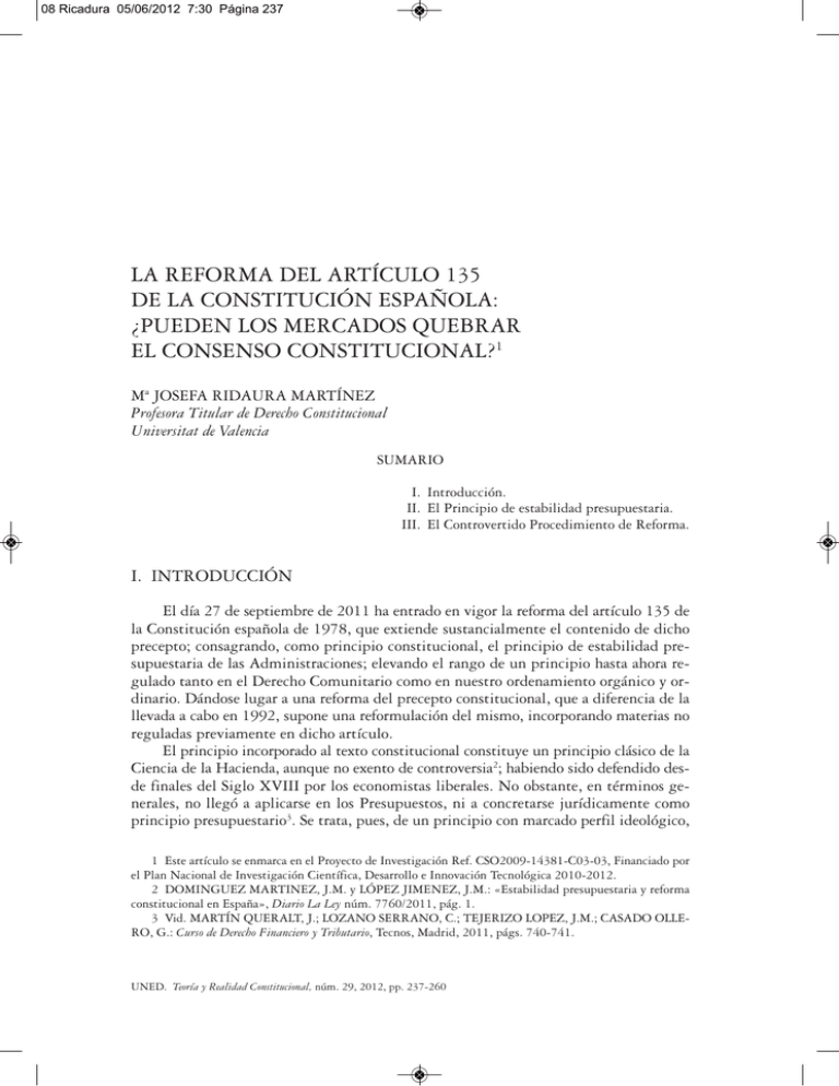 LA REFORMA DEL ARTÍCULO 135 DE LA CONSTITUCIÓN ESPAÑOLA: EL CONSENSO ...