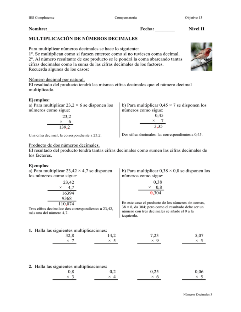 Multiplicación de números decimales.