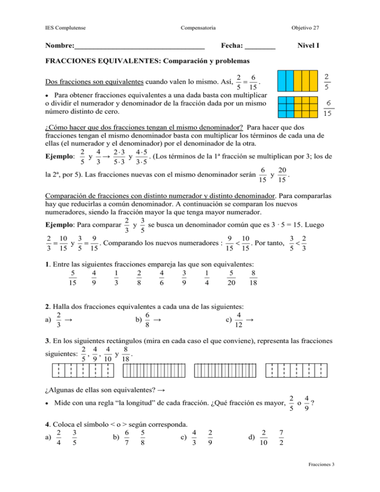 Fracciones Equivalentes Comparaci n Y Problemas 