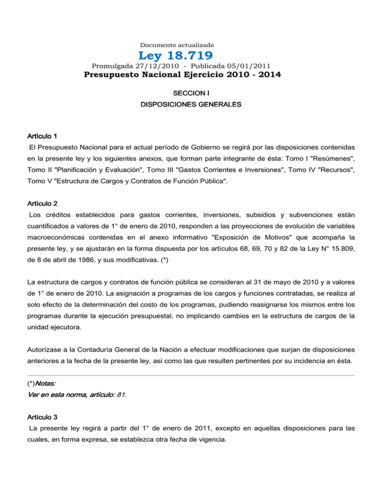 Ley 18.719 Presupuesto Nacional Ejercicio 2010 - 2014