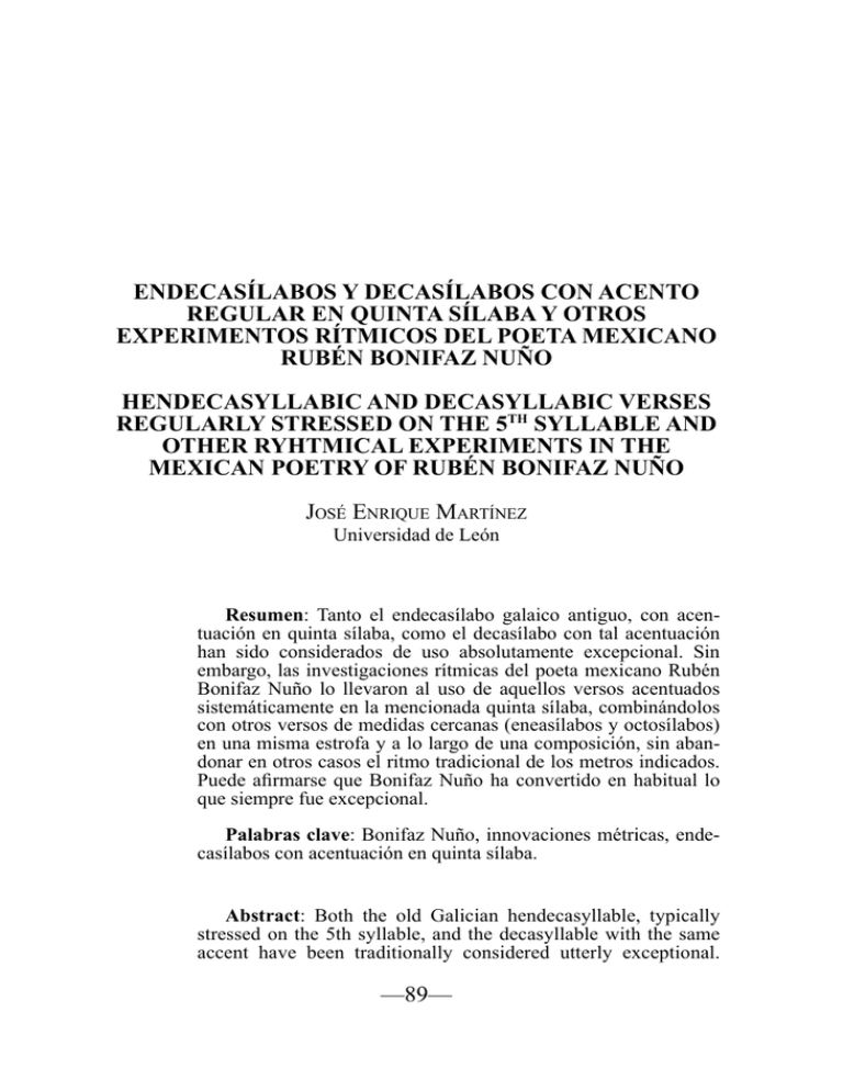 ENDECASÍLABOS Y DECASÍLABOS CON ACENTO REGULAR EN QUINTA SÍLABA Y OTROS