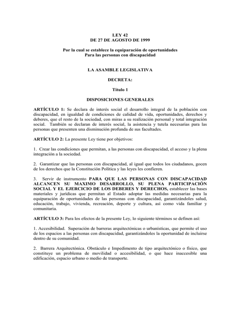 Ley 42 27 de agosto de 1999 Por la cual se establece la equiparación de ...