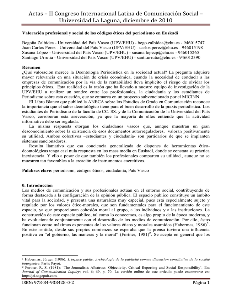 * Valoraci n profesional y social en Euskadi de los C digos ticos del Periodismo, de Bego a ...