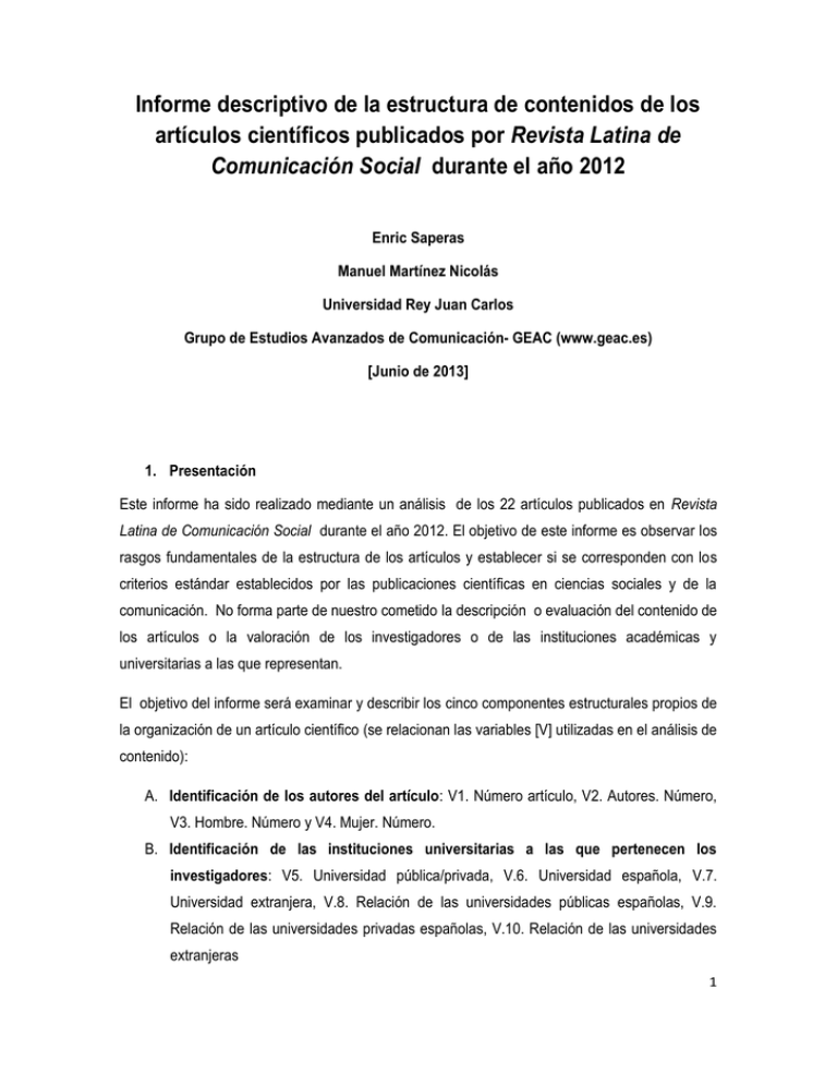 Informe descriptivo de la estructura de los contenidos de los art culos ...