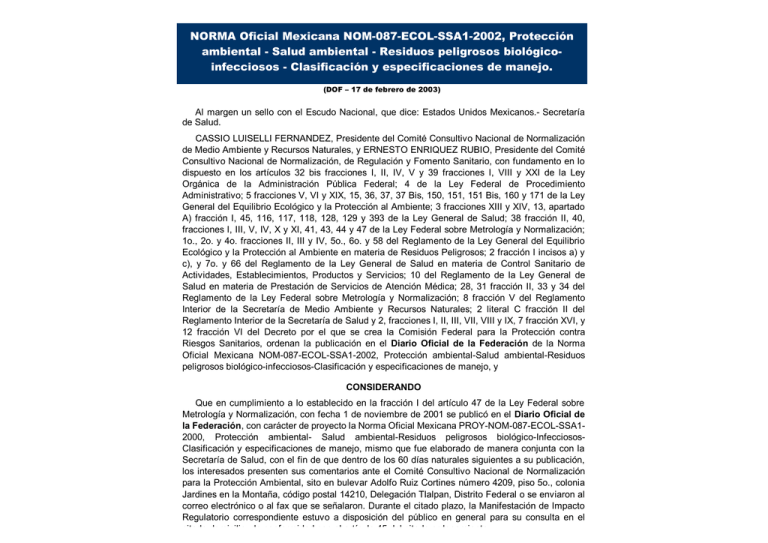 NOM-087-ECOL-SSA1-2002 Residuos Biológico-Infecciosos NORMA Oficial ...