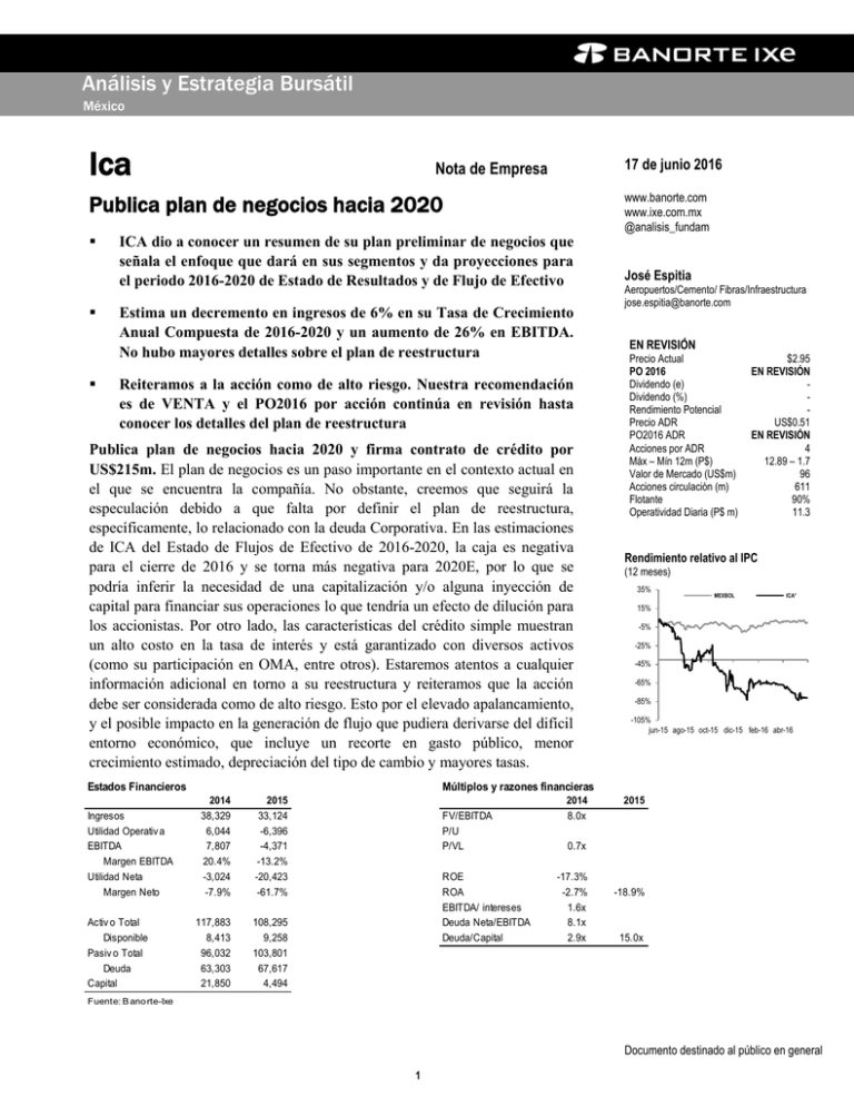 06/17/2016 ICA: Publica plan de negocios hacia 2020.
