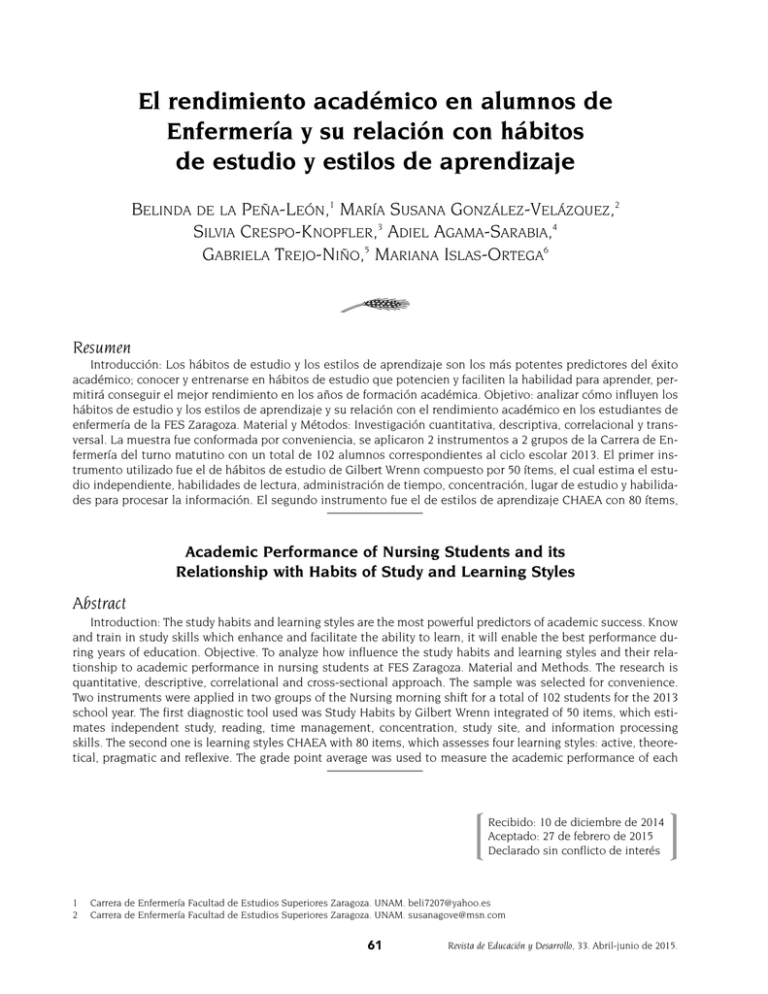 El rendimiento acad mico en alumnos de Enfermer a y su relaci n con h bitos de estudio y estilos ...
