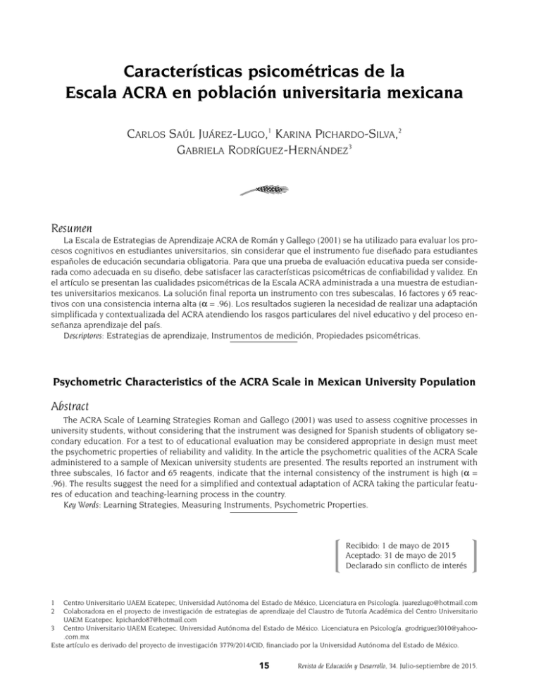 Caracter sticas psicom tricas de la Escala ACRA en poblaci n universitaria mexicana.