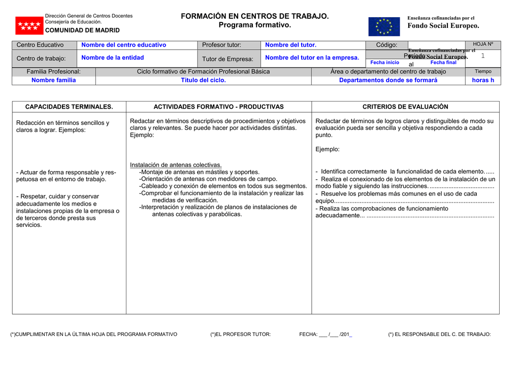 1 FORMACIÓN EN CENTROS DE TRABAJO. Programa formativo.