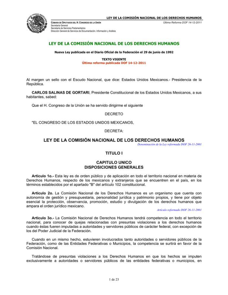 Ley de la Comisi n Nacional de los Derechos Humanos y sus reformas