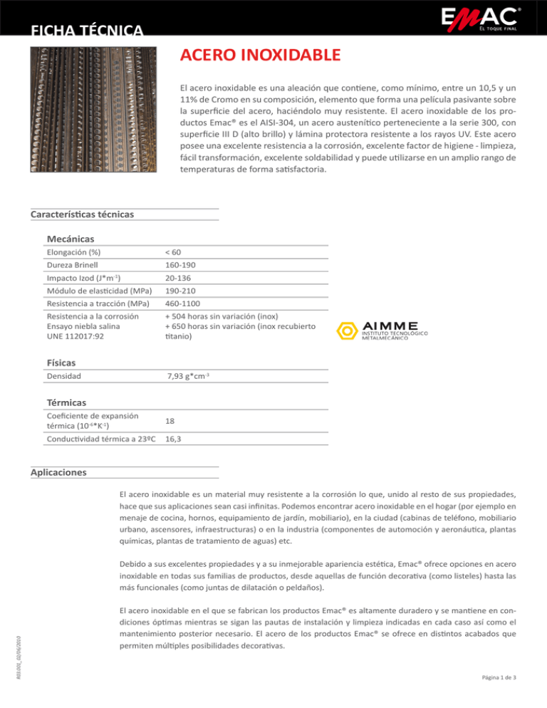 ACERO INOXIDABLE FICHA TÉCNICA