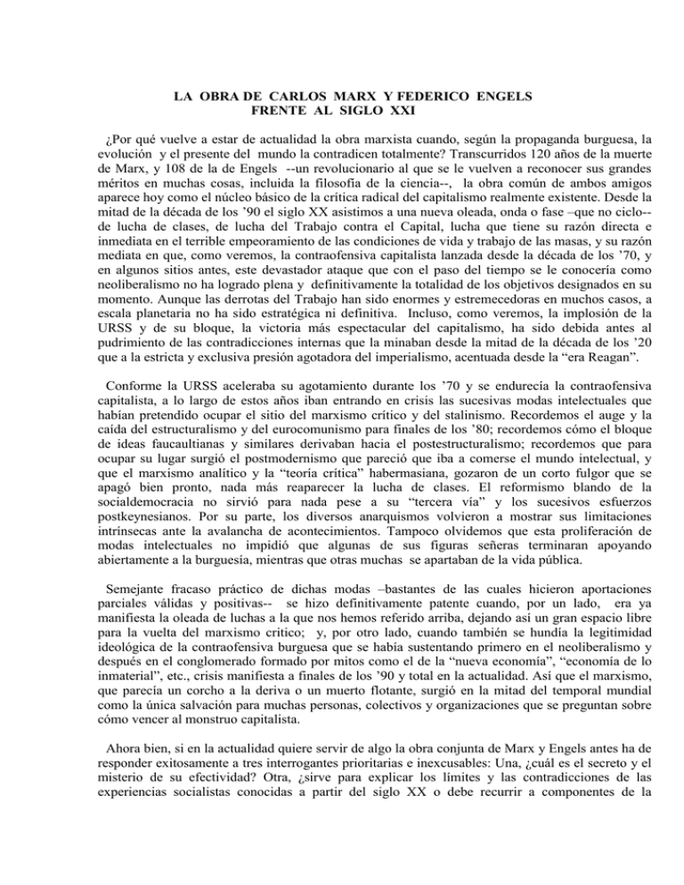 La obra de Carlos Marx y Federico Engels frente al siglo XXI