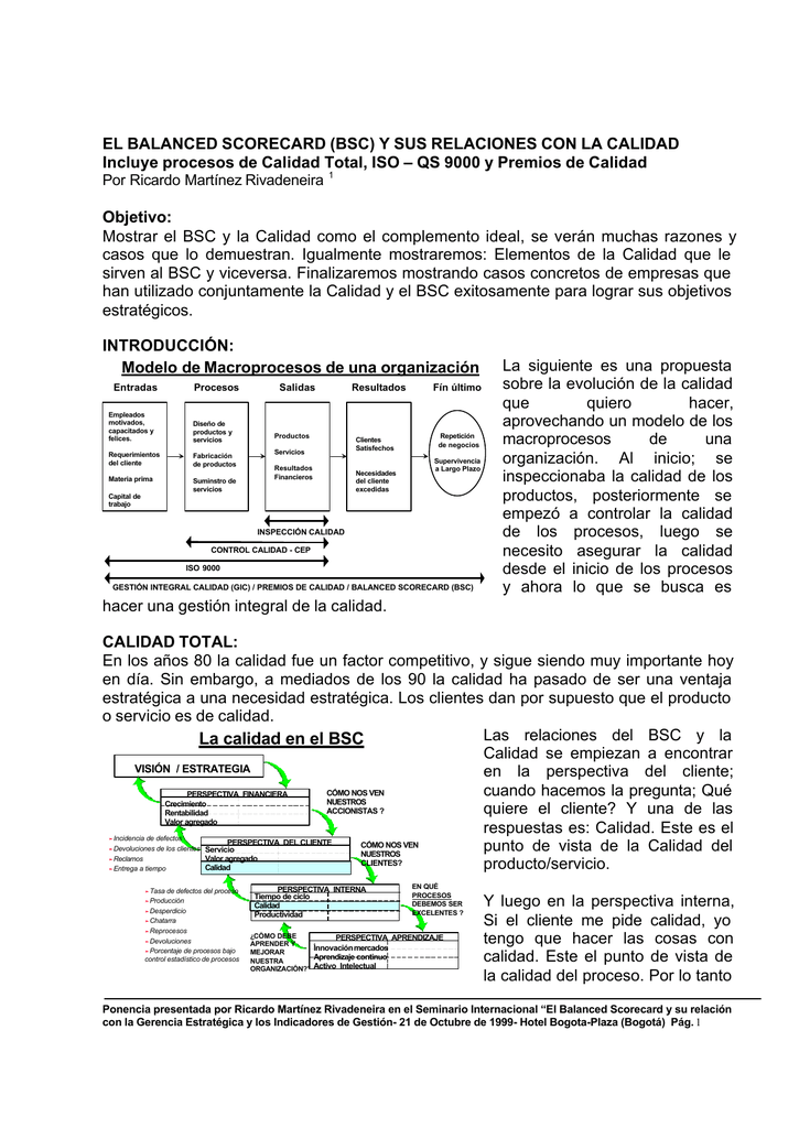 El Balanced Scorecard BSC y sus relaciones con la calidad