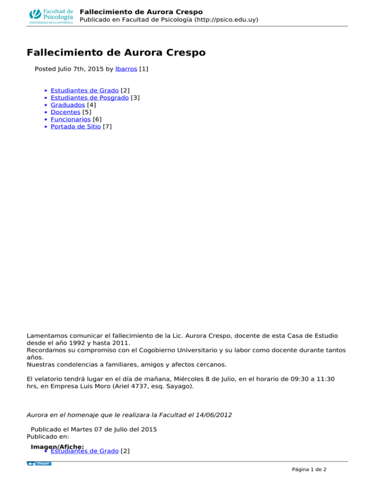 Fallecimiento de Aurora Crespo